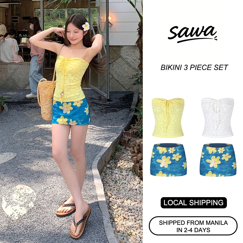 SAWA Women's 3in1 3-Piece Swimsuit Straps Slim Bra Top Floral Hip ...