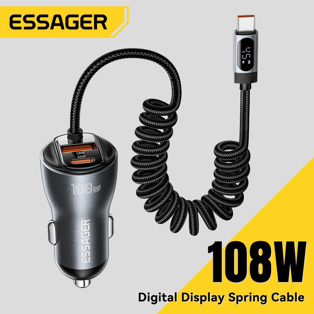 Essager 108W Car Charger Fast Charge USB-C Digital Display Spring Cable ...
