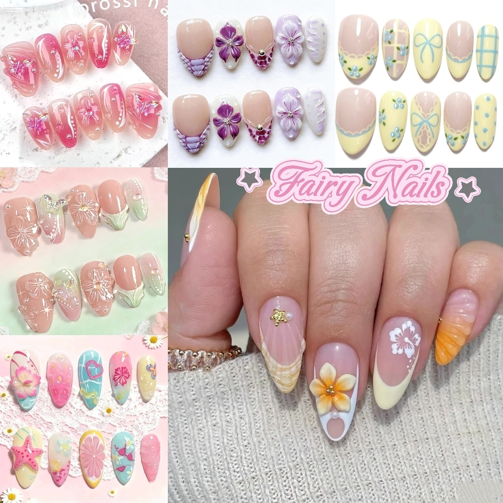 Handmade 3D Ultra Short Almond Bean Flower Press on Nail Whitening ...