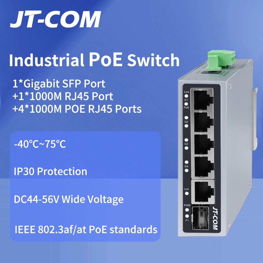 JT-COM Industrial Gigabit PoE Switch 1 Fiber + 5 Ethernet Ports (4 PoE ...