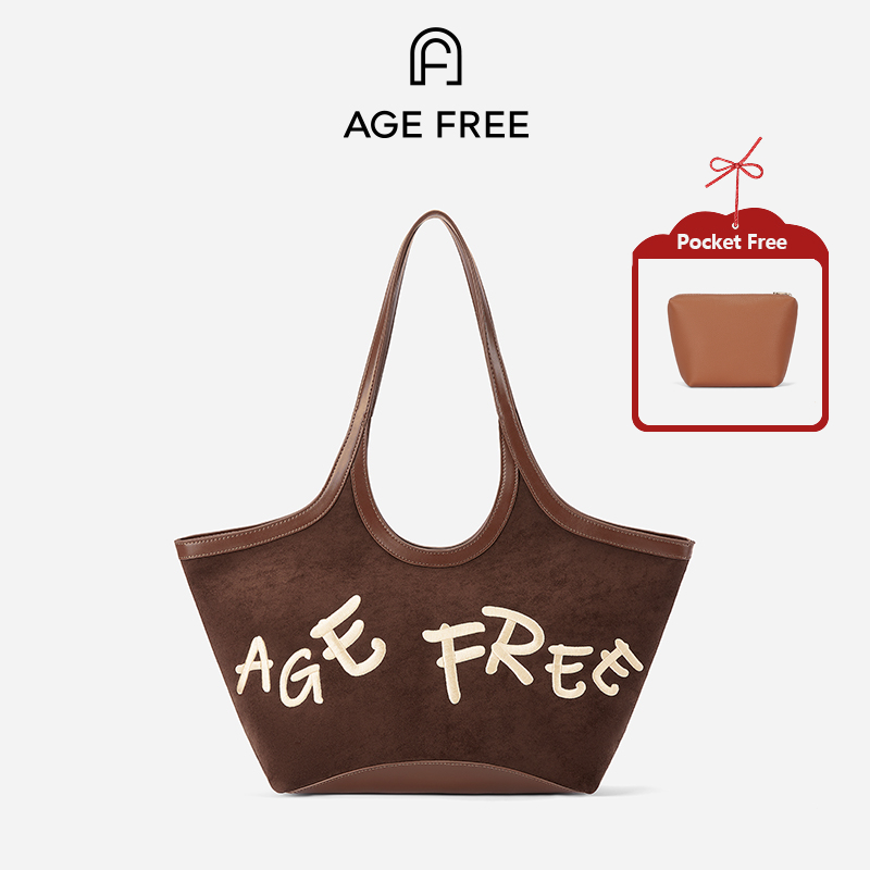 AGE FREE Luna Bag Suede Tote Bag Embroidery Logo with PU Trim Large ...