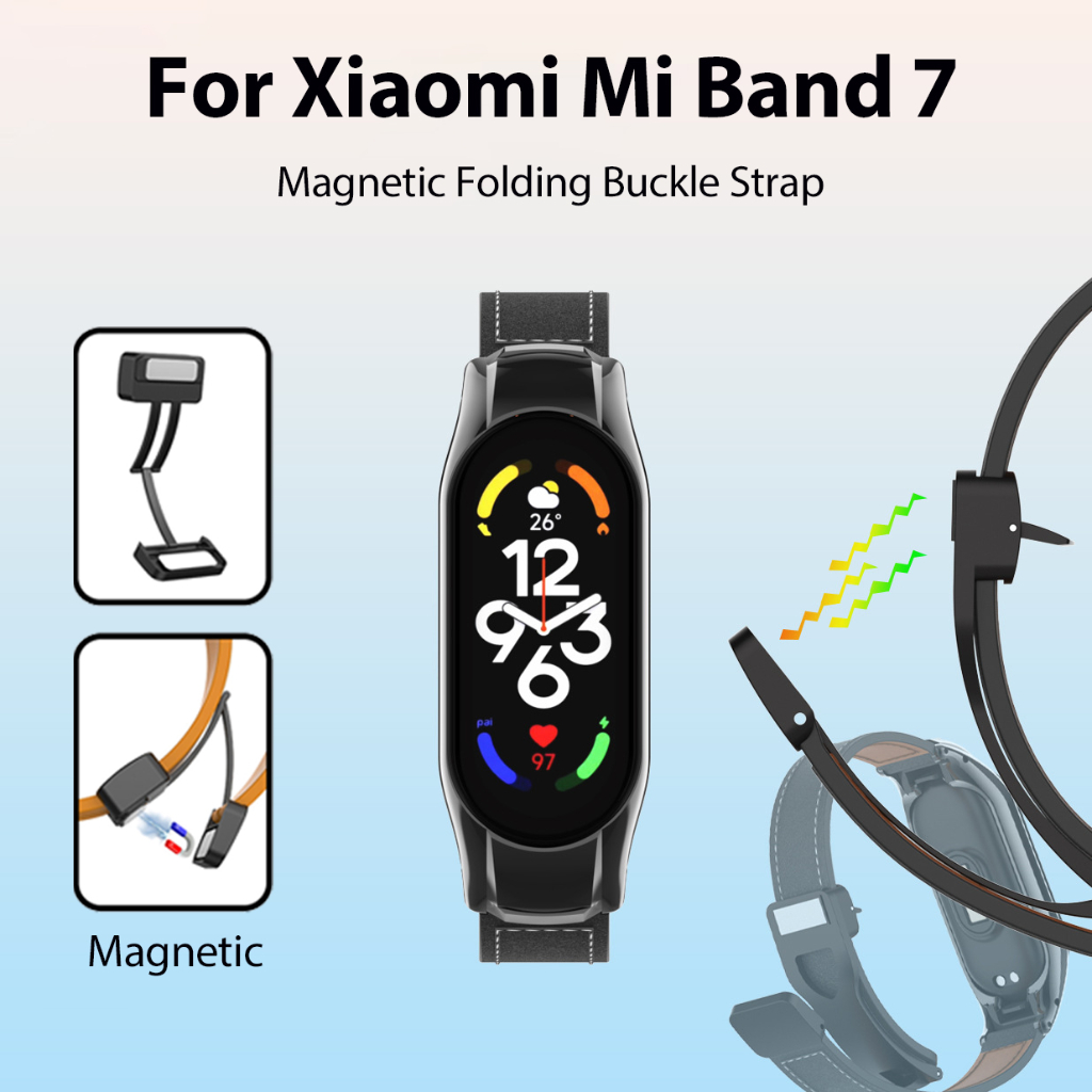 Magnetic Folding Buckle Leather Strap for Xiaomi Mi Band 7 6 5 4 3 Wristband Replacement Leather ...
