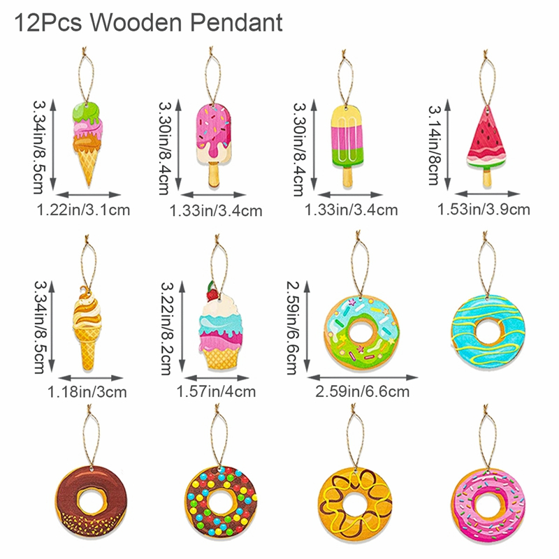 Cute 12pcs Wooden Donut Pendant Ice Cream Hanging Tree Ornaments ...