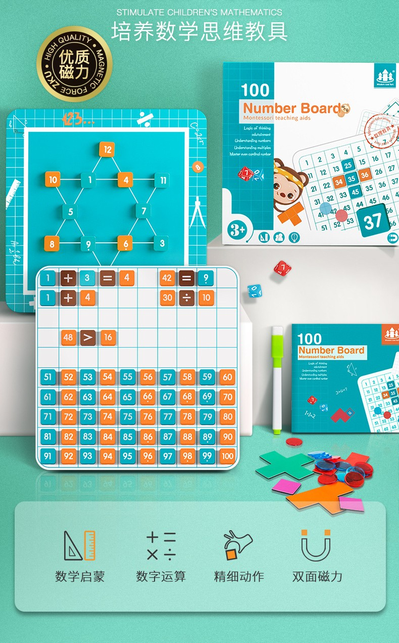 Montessori 100 Number Boards Magnetic Hundreds Board Math Counting Game ...