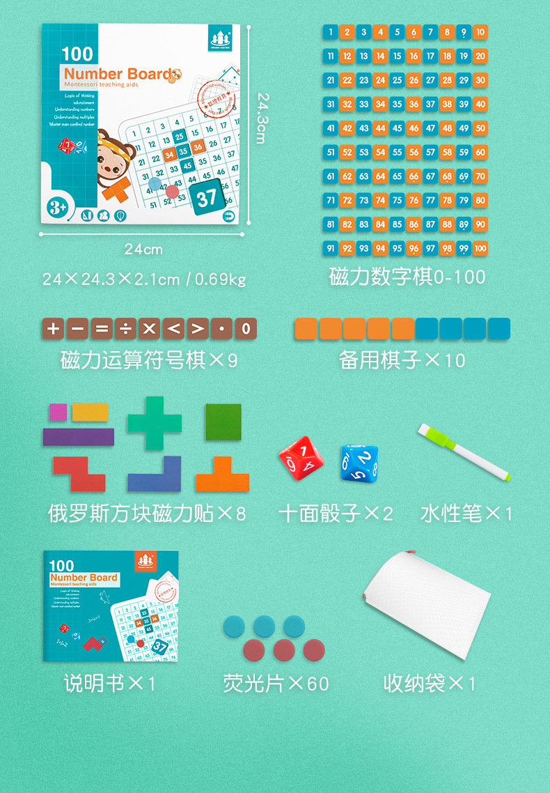 Montessori 100 Number Boards Magnetic Hundreds Board Math Counting Game ...
