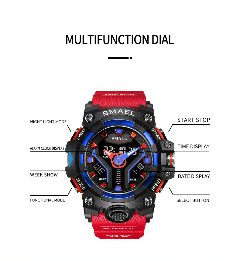 SMAEL New Led Light Watch Military 8075 Dual Time Display Men's Sports ...