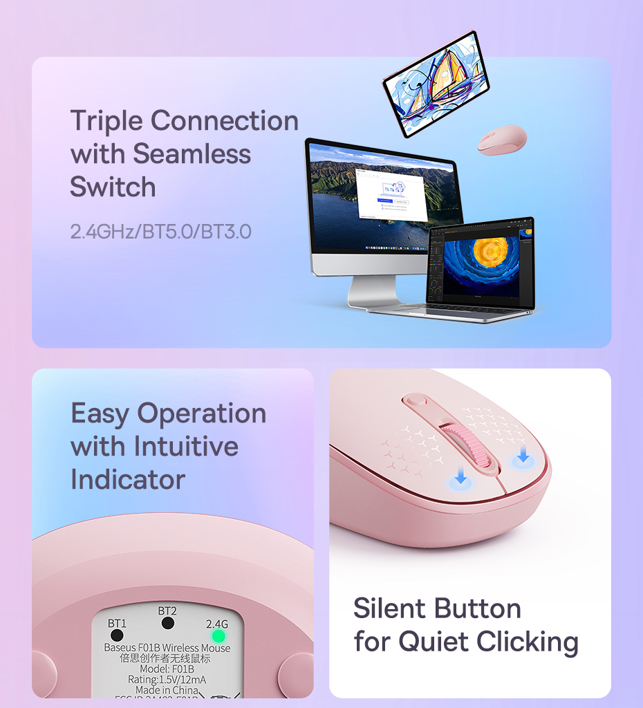 Baseus Mouse Tri-Mode Bluetooth Wireless Mouse For Tablet Laptop Silent ...