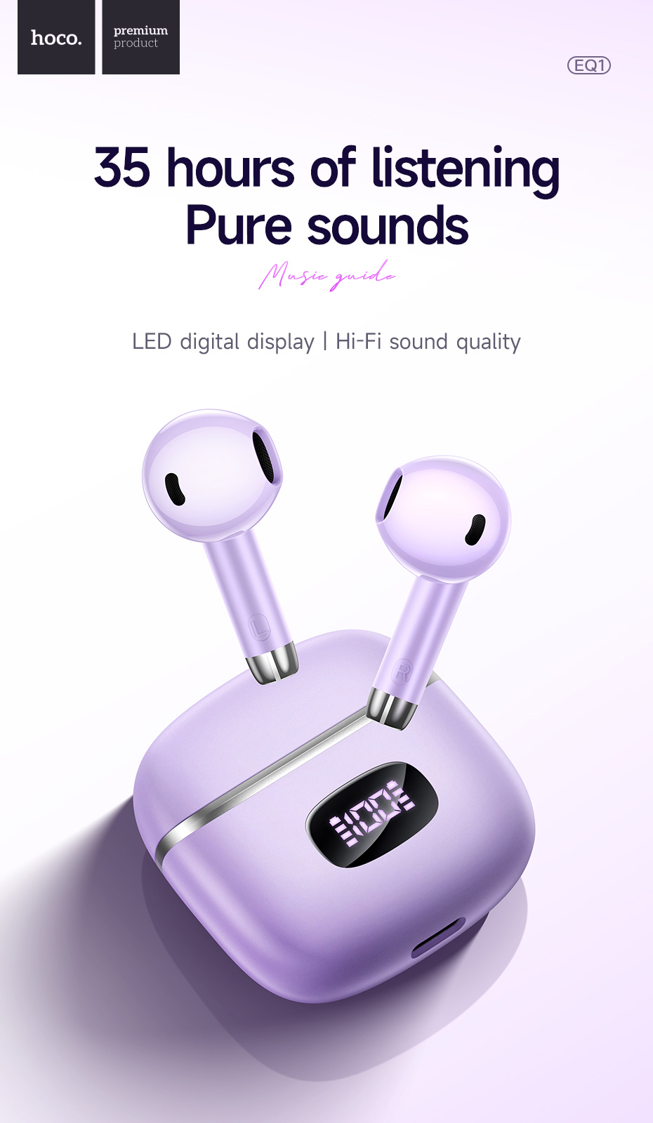 HOCO EQ1 Bluetooth 5.3 Earphone Wireless Headphones Touch Control Headsets Sports Stereo ...