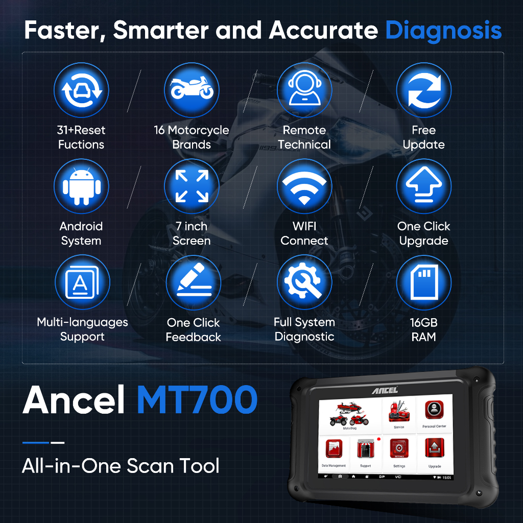 ANCEL MT700 Motorcycle Professional OBD2 Scanner ECU Reset Full System ...
