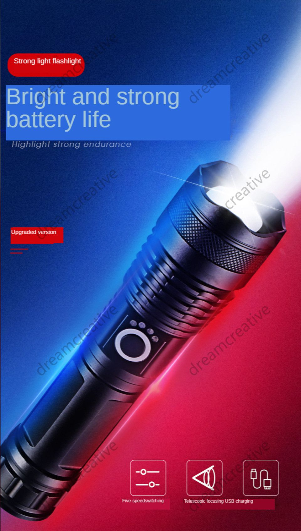 LED Flashlight Zoomable USB Rechargeable Super Bright (With 1865 battery) Cree XHP50 Tactical ...