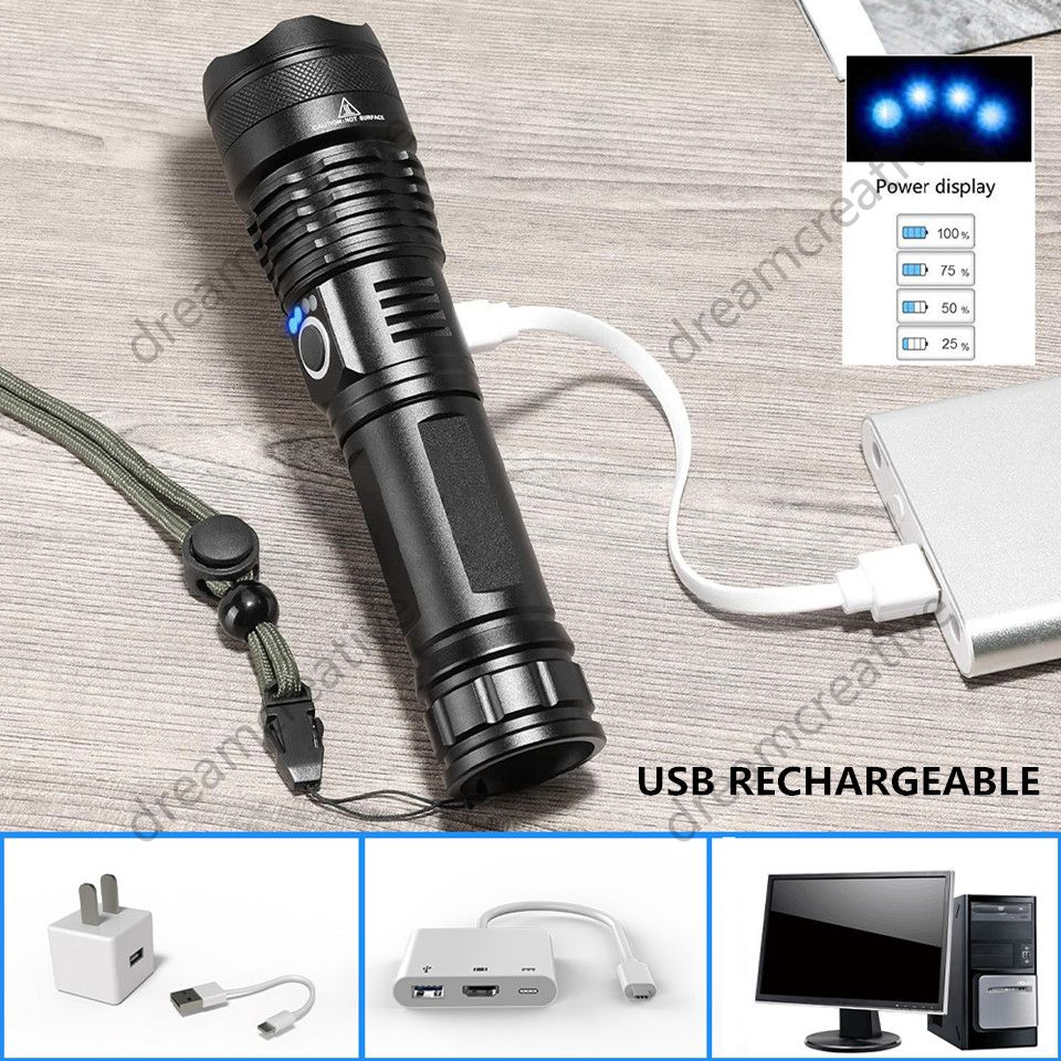 LED Flashlight Zoomable USB Rechargeable Super Bright (With 1865 ...