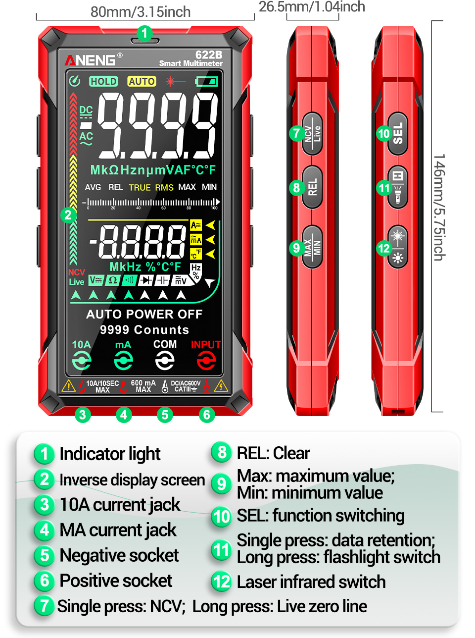 Aneng 622B Digital Smart Multimeter 10A Tester Meter Auto Range True ...