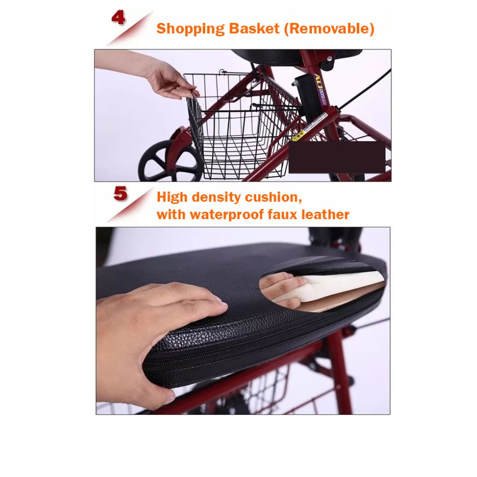Elderly person with a sitting handcart, mobile walking aid, foldable ...