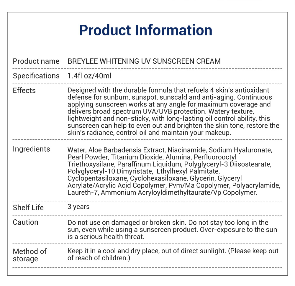 BREYLEE Sunscreen Cream Sunblock Whitening Sunscreen UV SPF50+++ Face ...