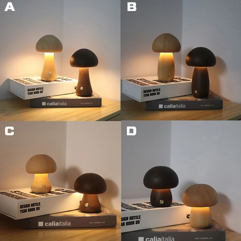 INS LED MINI Night Light With Touch Switch Wooden Cute Mushroom Bedside ...