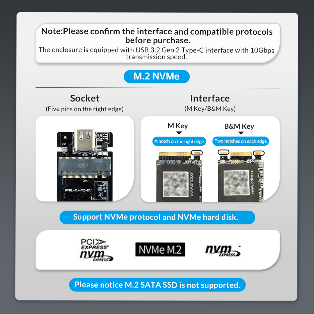 ORICO Ssd Nmve M2 Enclosure NVMe 10Gbps PCIe SSD Box M.2 NVMe NGFF SATA ...