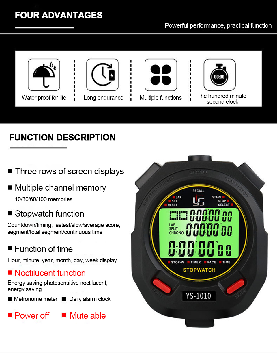 Digital Sports Stopwatch Timer 10/30/60/100 Tracks Luminous Stopwatch ...
