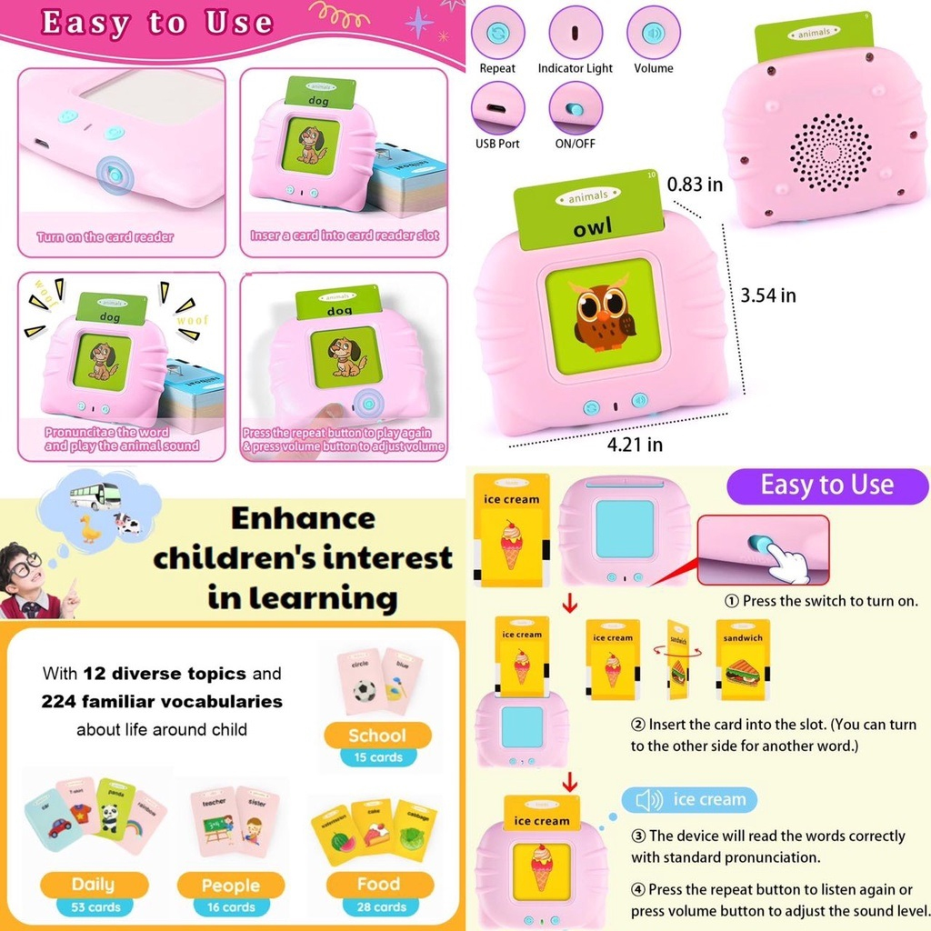 Flash Card Reader Early Education Portable Pronunciation Oral learning ...