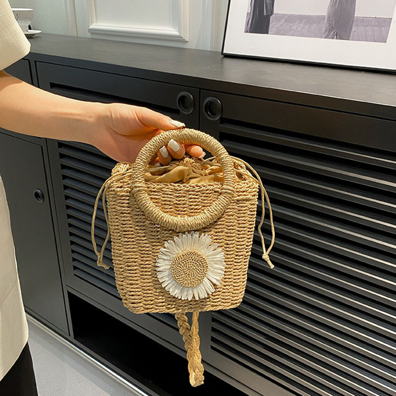 Yogodlns Women Rattan Bucket Handmade Straw Shoulder Bag Summer Handle ...