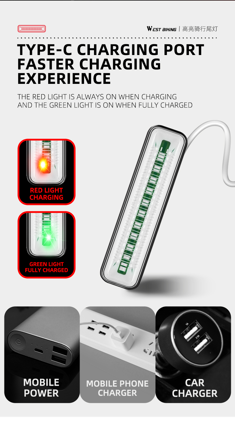 WEST BIKING Bicycle Tail Light Type-C Night Riding Highlight Cycling Mountain Road Warning Light ...