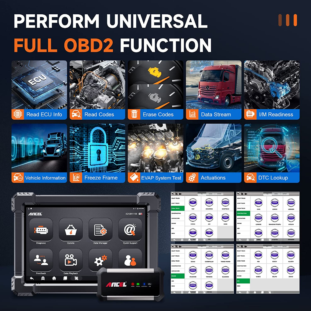 ANCEL X7 HD 12V 24V Heavy Duty Truck OBD2 Scanner ECU Coding Bi ...