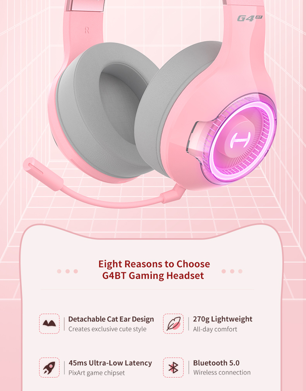 Original Edifier HECATE G4BT Cat Ear Pink Wireless Headphones RGB ...