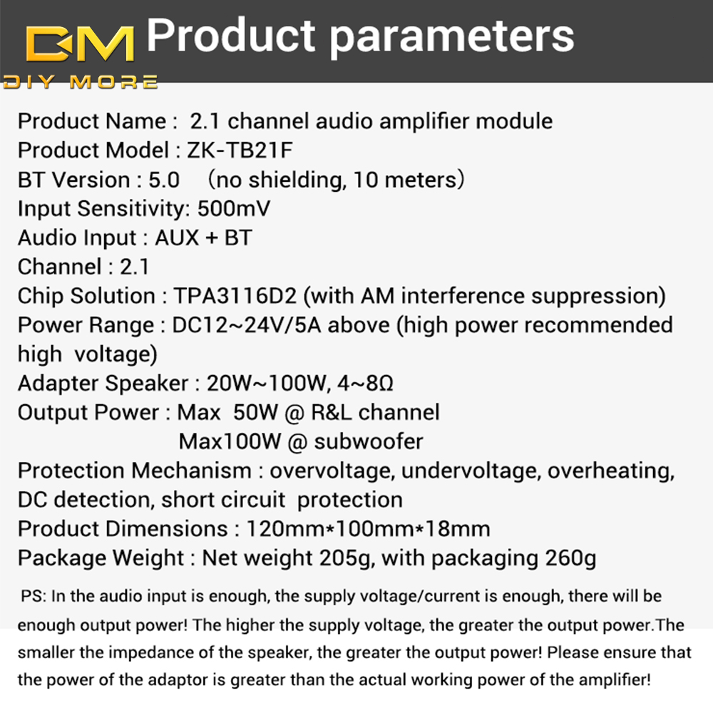 DIYMORE Zk-Tb21F 2.1-Channel Bluetooth Power Amplifier Board Module Tpa3116D2 Potentiometer Lead ...