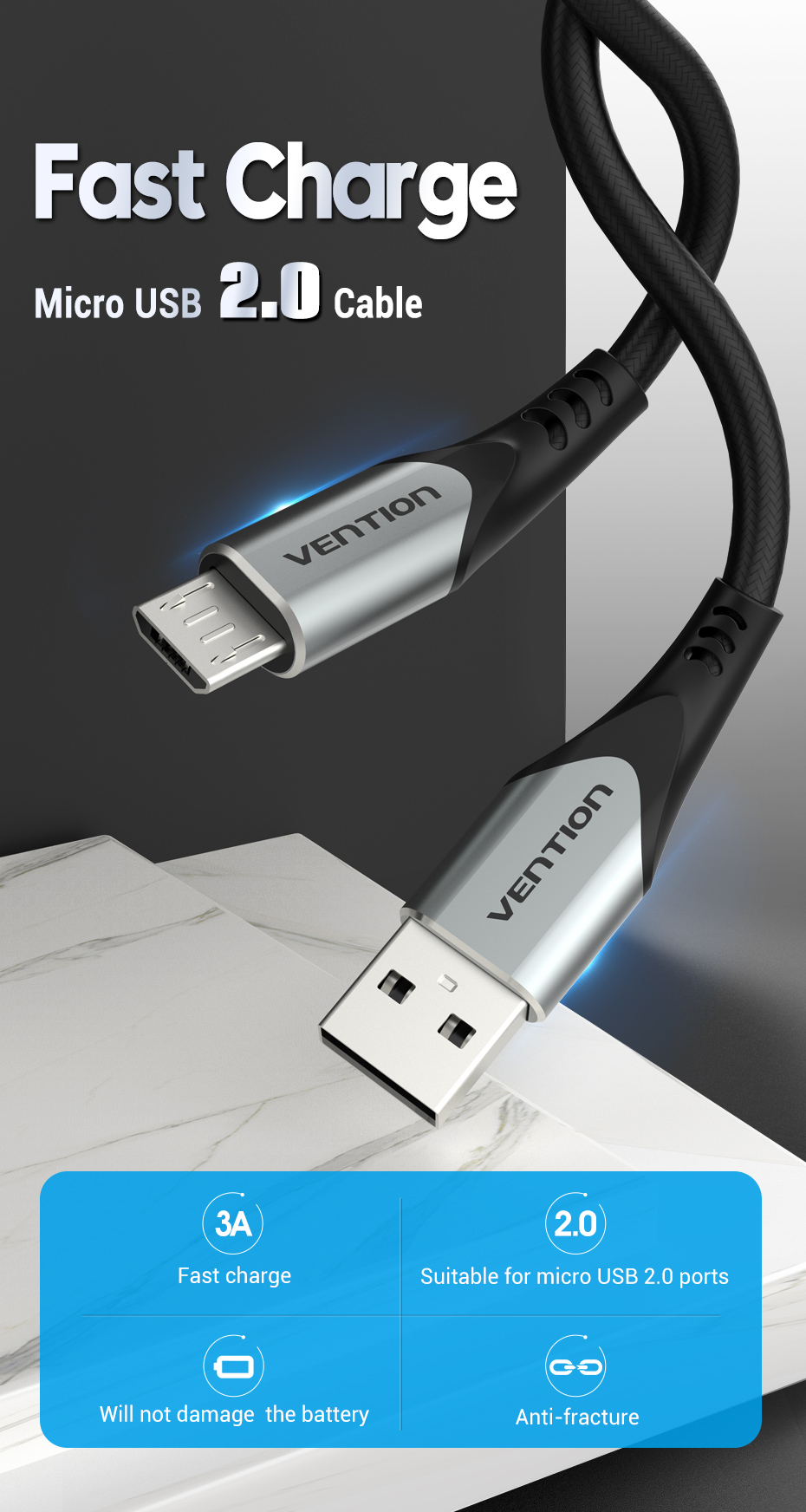 Vention Micro USB 3a Nylon Fast Charging Data Cable For Android Mobile ...