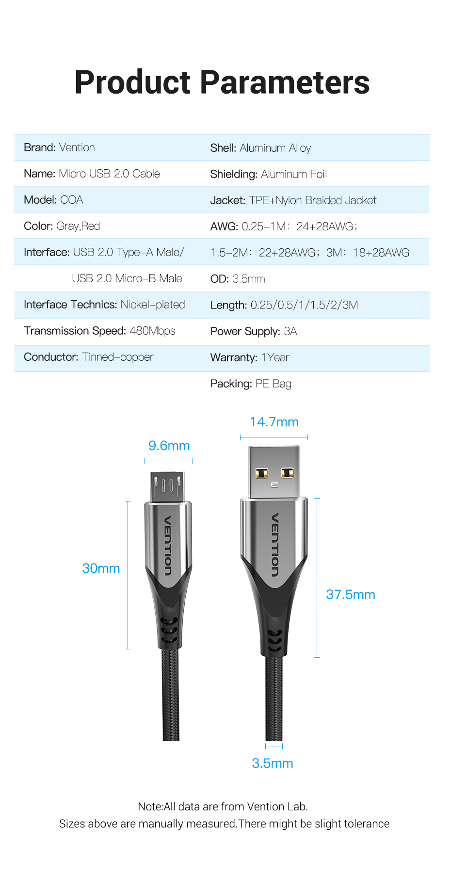 Vention Micro USB 3a Nylon Fast Charging Data Cable For Android Mobile ...