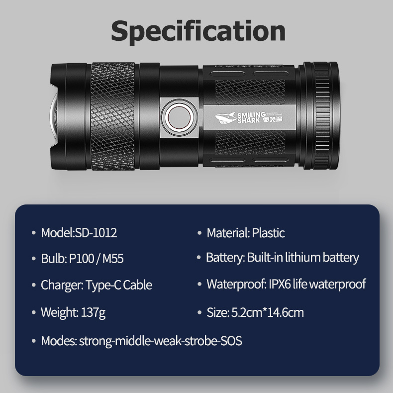 Smiling Shark SD1012 Led Flashlight M55 6000LM Rechargeabl Flash Light Waterproof Zoom Outdoor ...