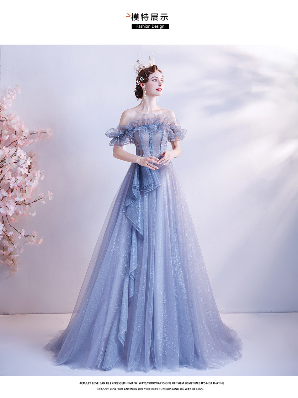 Gradient Blue Prom Dress Off Shoulder Gown Summer New Bride Shining ...