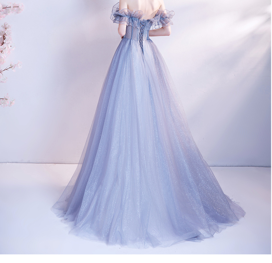 Gradient Blue Prom Dress Off Shoulder Gown Summer New Bride Shining ...
