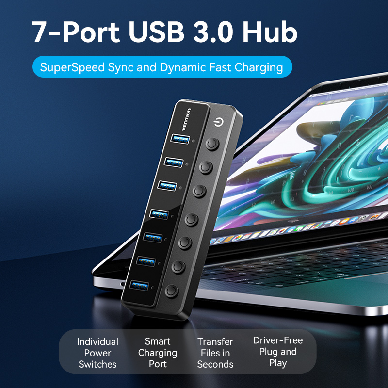 Vention 8-in-1 USB 3.0 Hub Adapter With Individual Power Switches 5Gbps ...