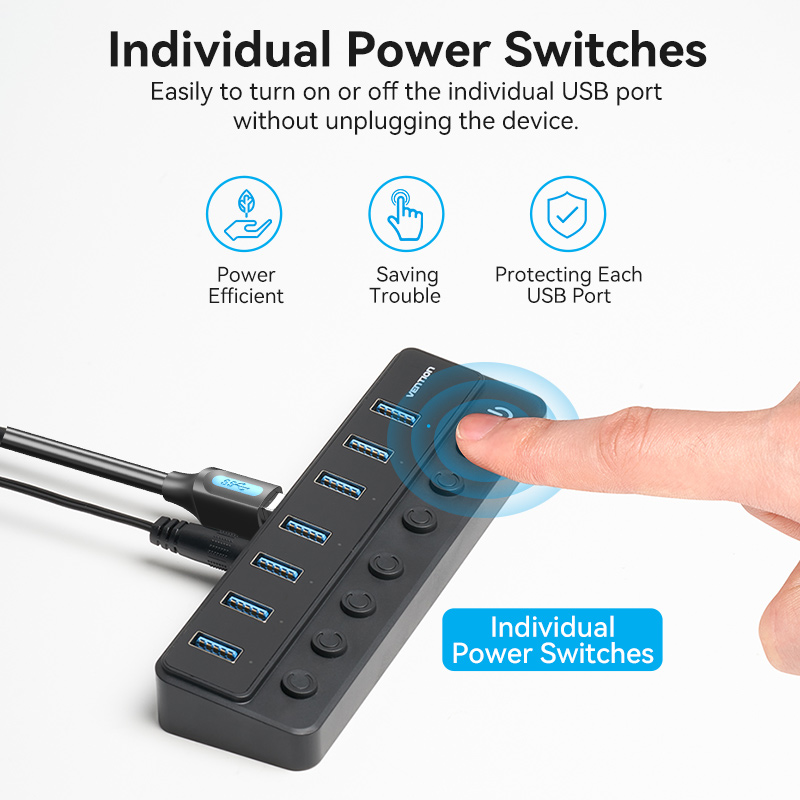 Vention 8-in-1 USB 3.0 Hub Adapter With Individual Power Switches 5Gbps ...