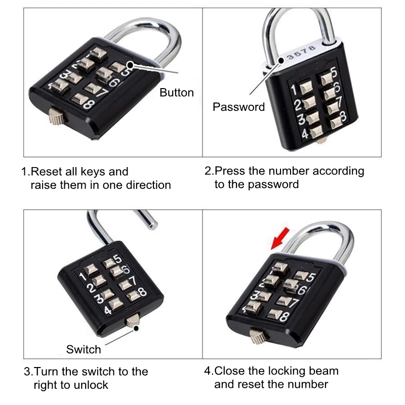 KIPRUN 8 Digits Password Code Combination Padlock Zinc Alloy Suitcase ...