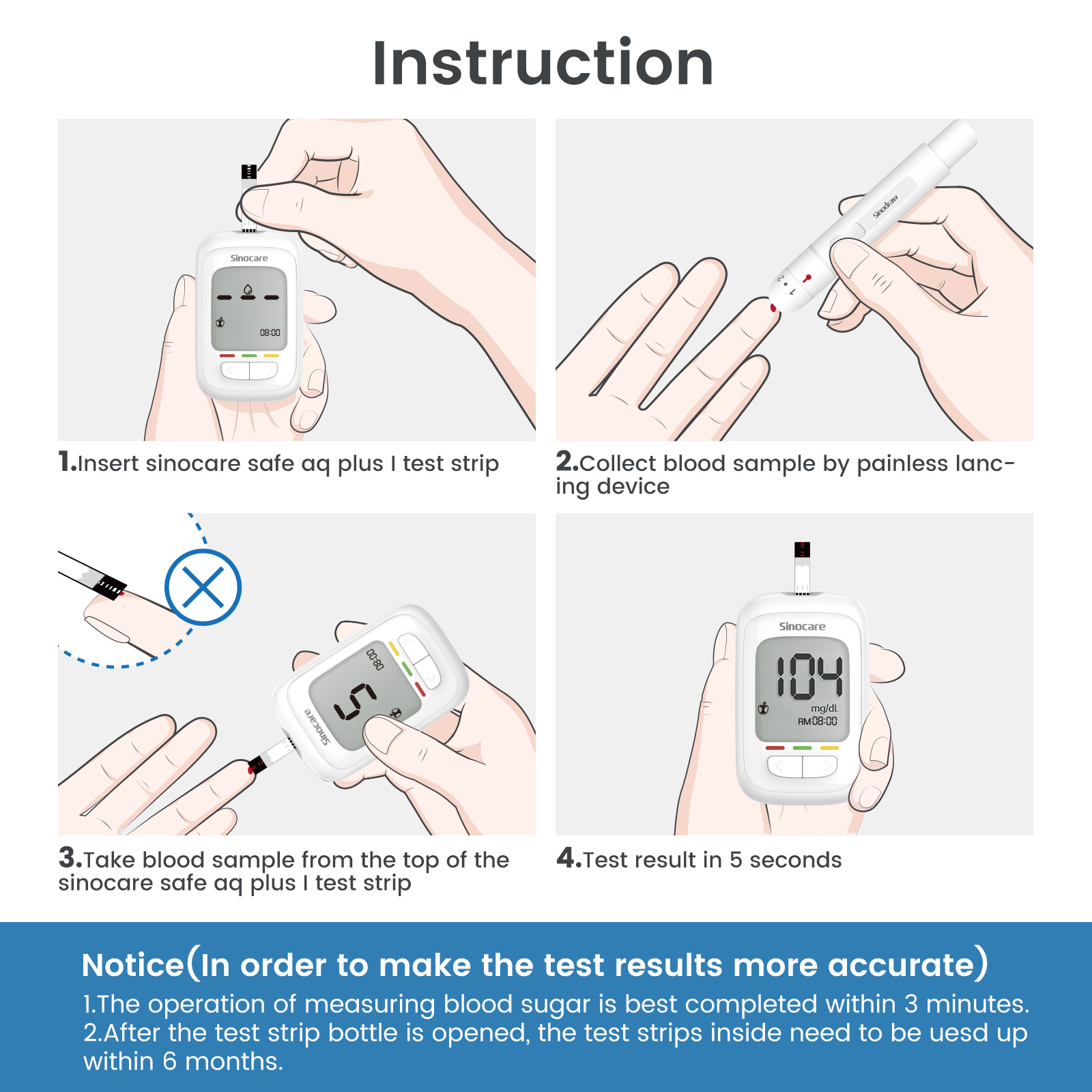Sinocare Blood glucose Meter AQ Pro Ⅰ Sugar Monitoring Glucometer Kit ...