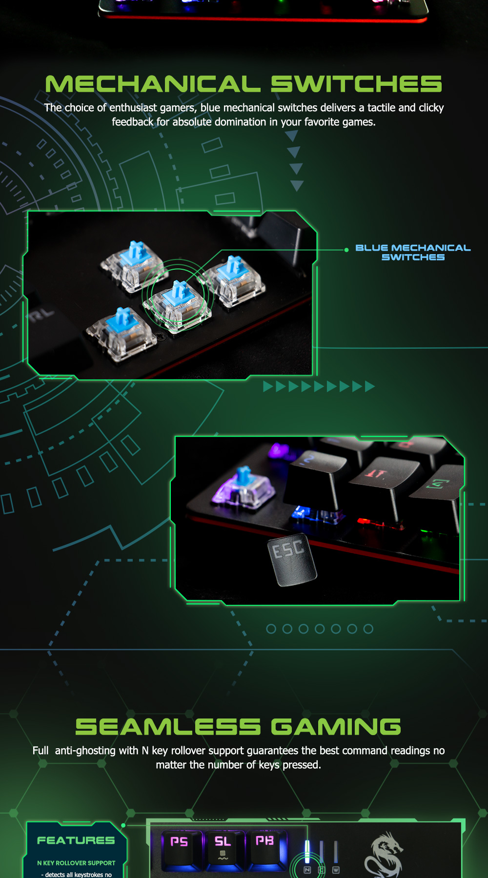 Tylex XZ66 RGB Gaming Keyboard With Backlit Keys Plus Blue Mechanical ...