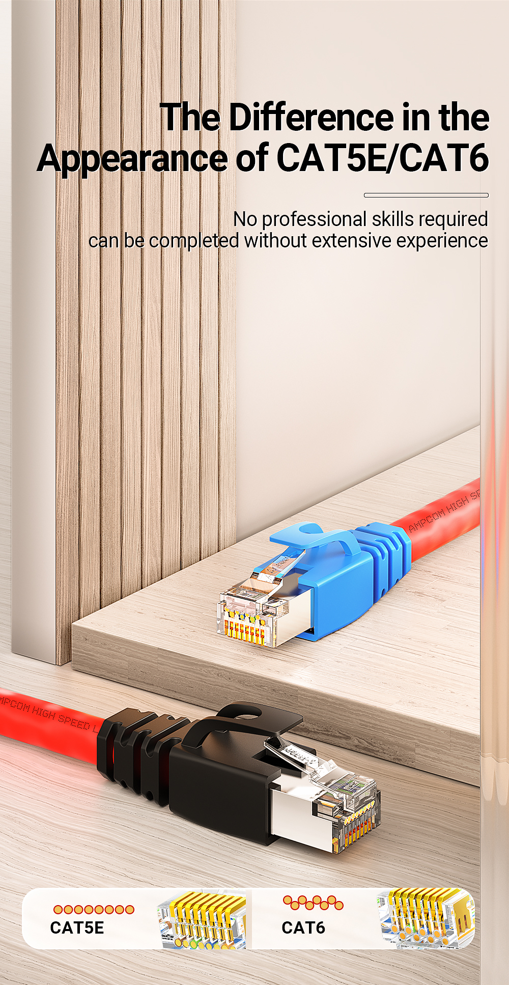 AMPCOM CAT6 Pass Through 8P8C STP RJ45 Connectors, Shielded 3/50μ Gold ...