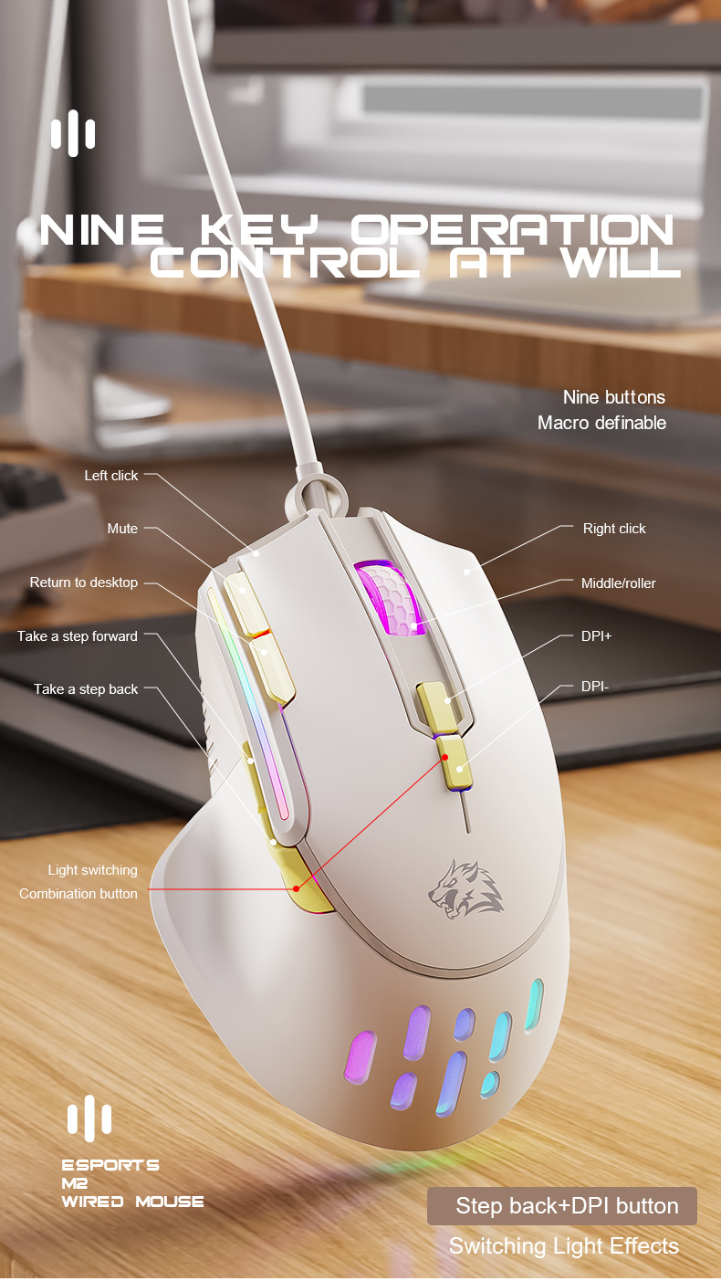 Ziyoulang M2 Wired Gaming Mouse 12800 Dpi Rgb Backlit Ultralight With Programmable Driver