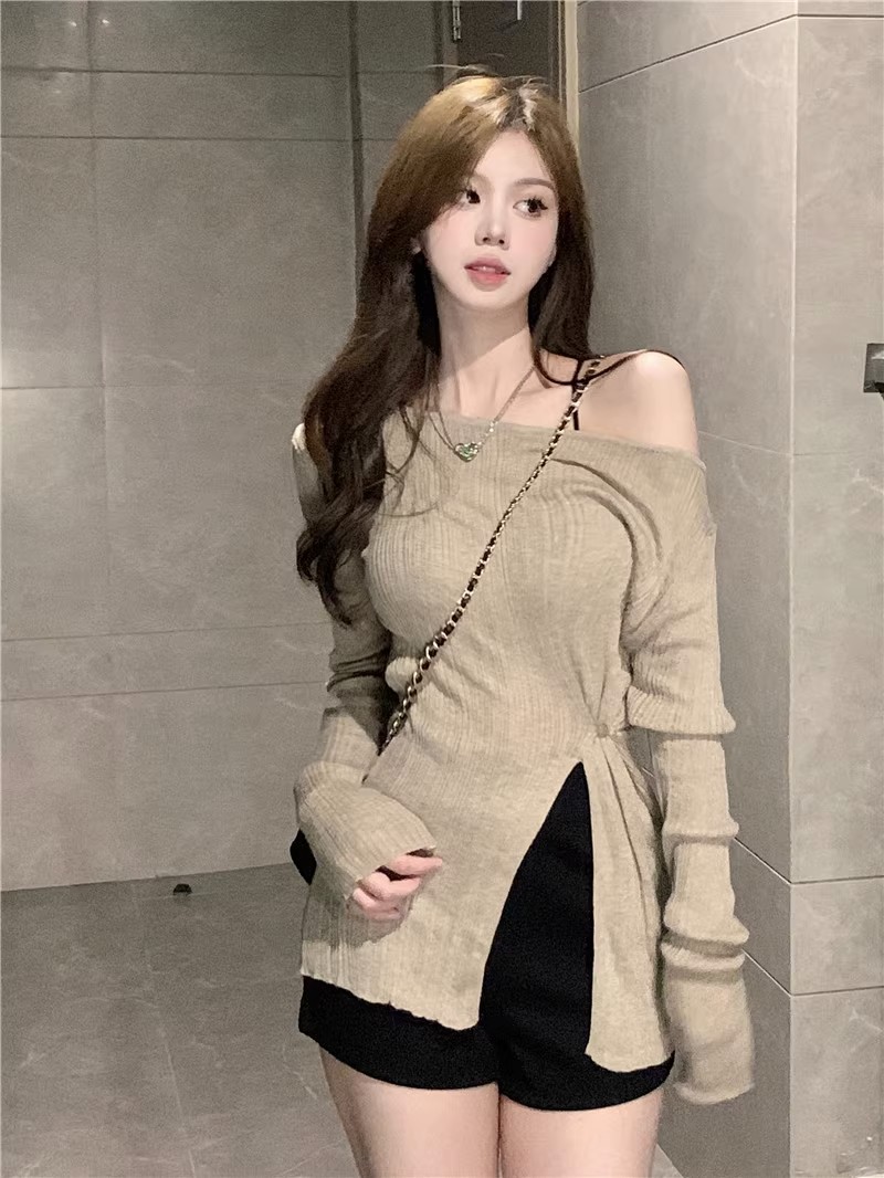 Cloud4d-Spice Girl Off Shoulder Long Sleeve Knitted Undercoat Women's Black Sexy Irregular Slim ...