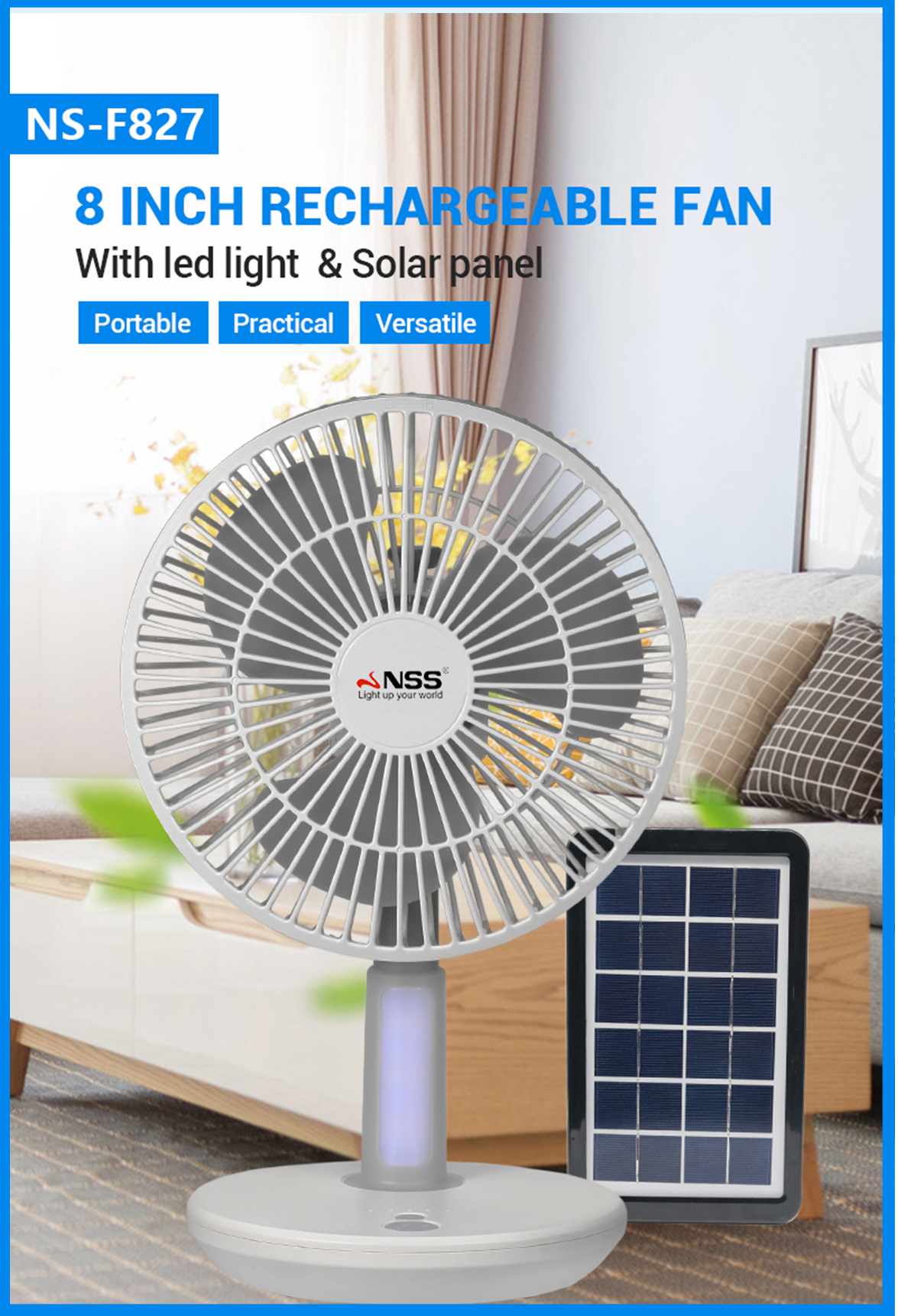 NSS Solar Desk Electric Fan Small fan with USB charging retractable ...