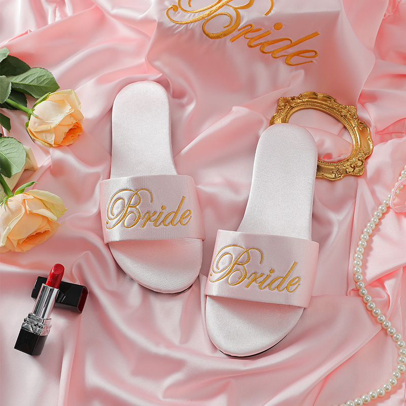 Embroidered new wedding bridesmaid slippers women's wedding satin red ...