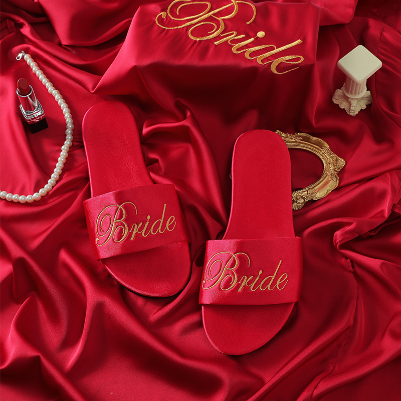 Embroidered new wedding bridesmaid slippers women's wedding satin red ...