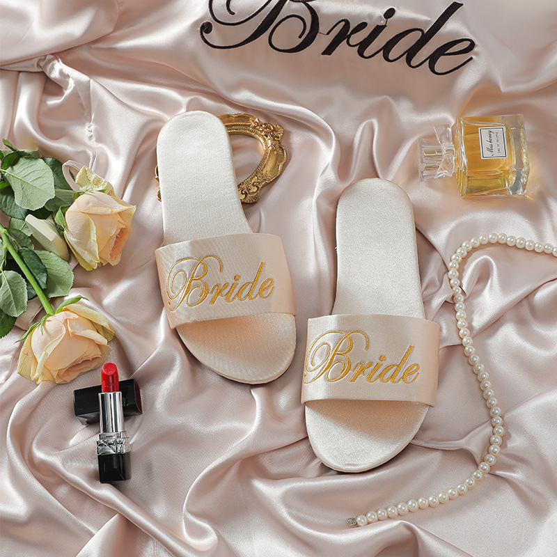 Embroidered new wedding bridesmaid slippers women's wedding satin red ...