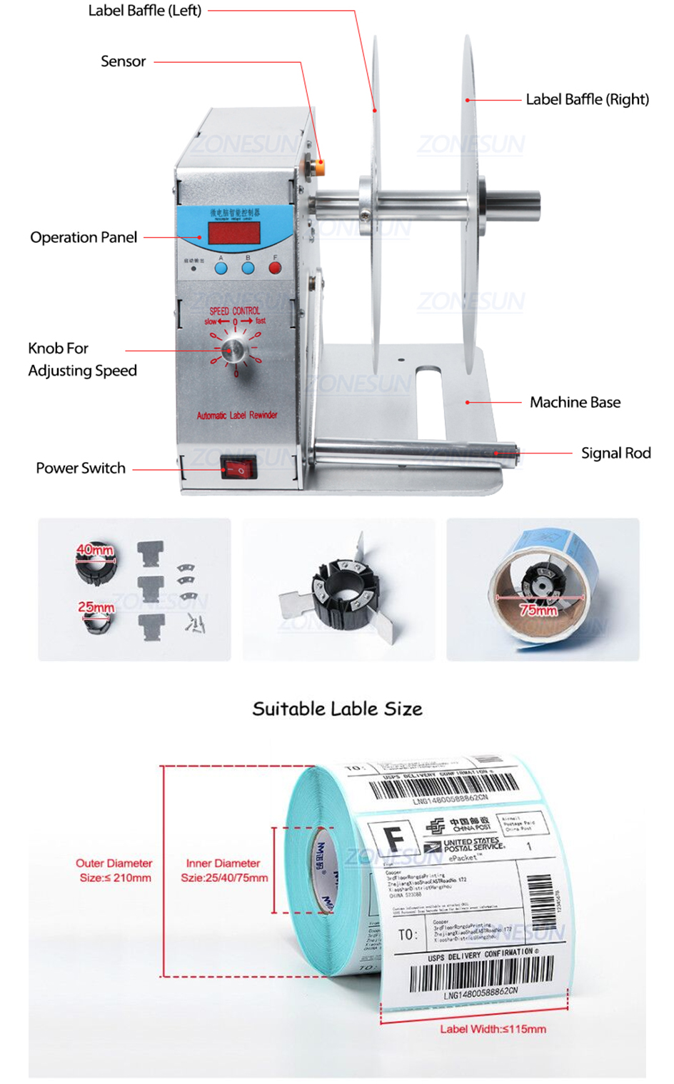 ZONESUN Automatic Label Rewinder Speed Direction Adjustable For ...