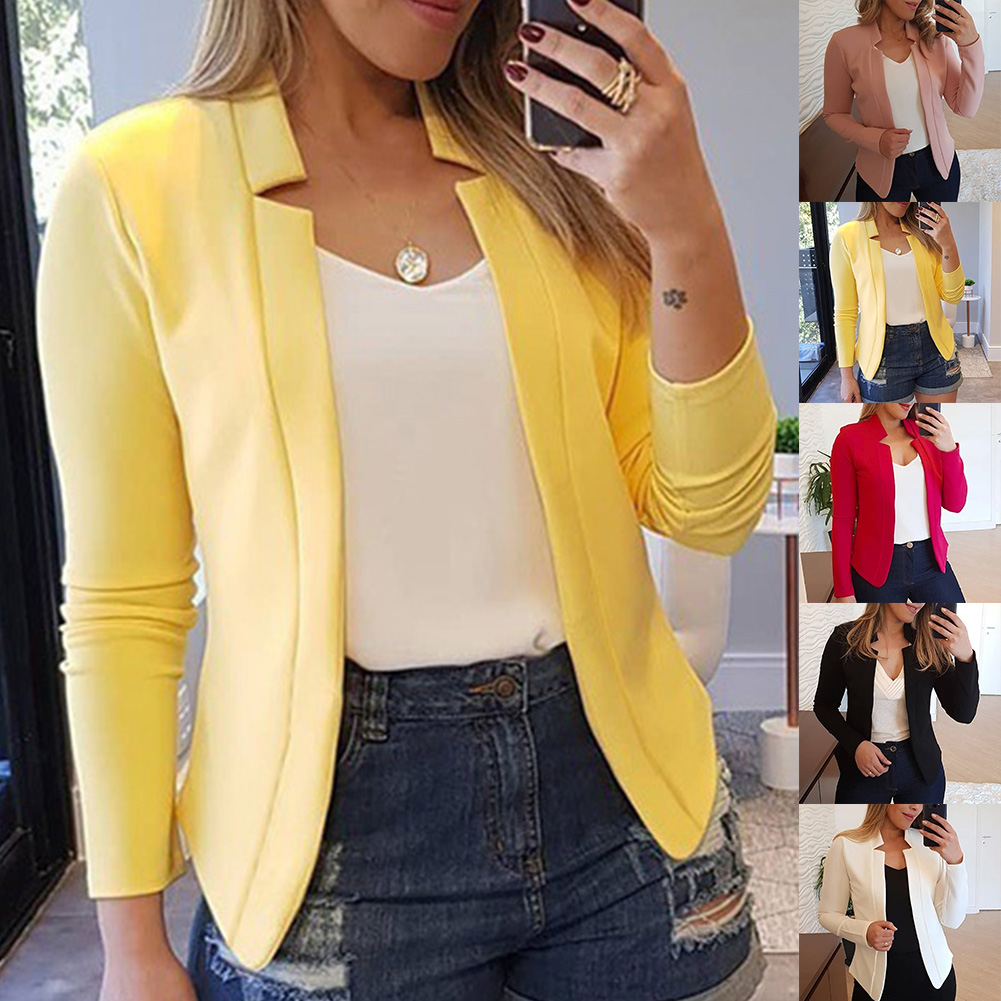 ♥YAR♥Plus Size Solid Color No Button Blazer Women Long Sleeve Slim Suit ...