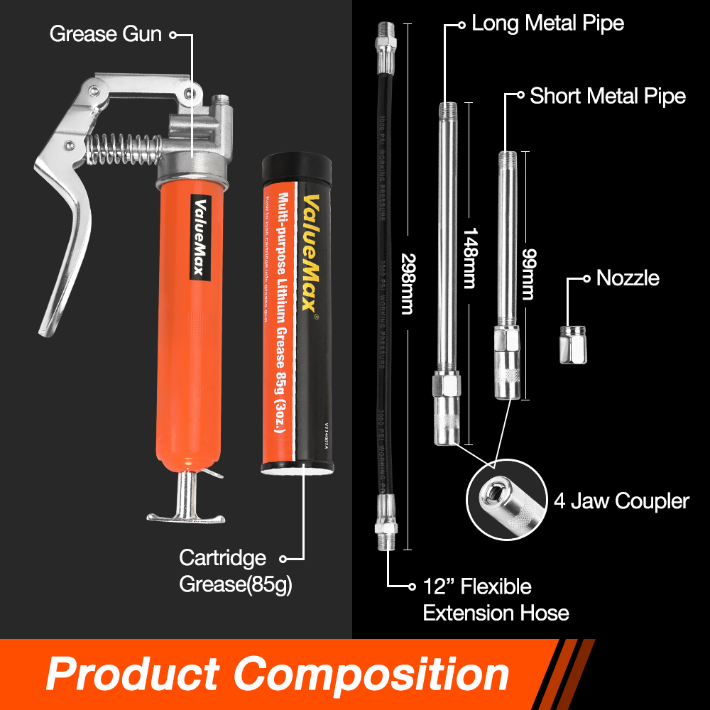 ValueMax Mini Grease Gun Kit (3000 PSI) with 3 OZ/100ML Grease 12 ...