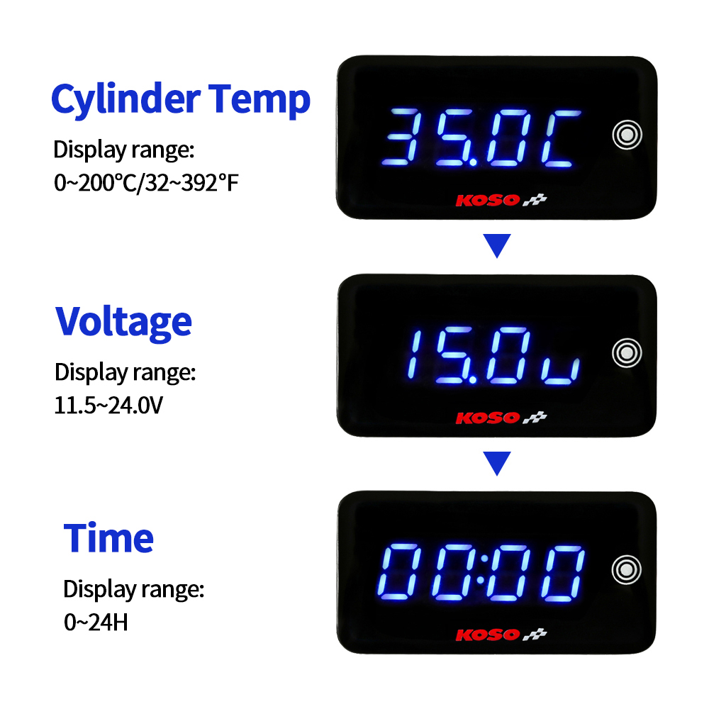 Motorcycle KOSO Cylinder Head Temperature Meter Voltmeter Timetable 3 in 1 Functional ...