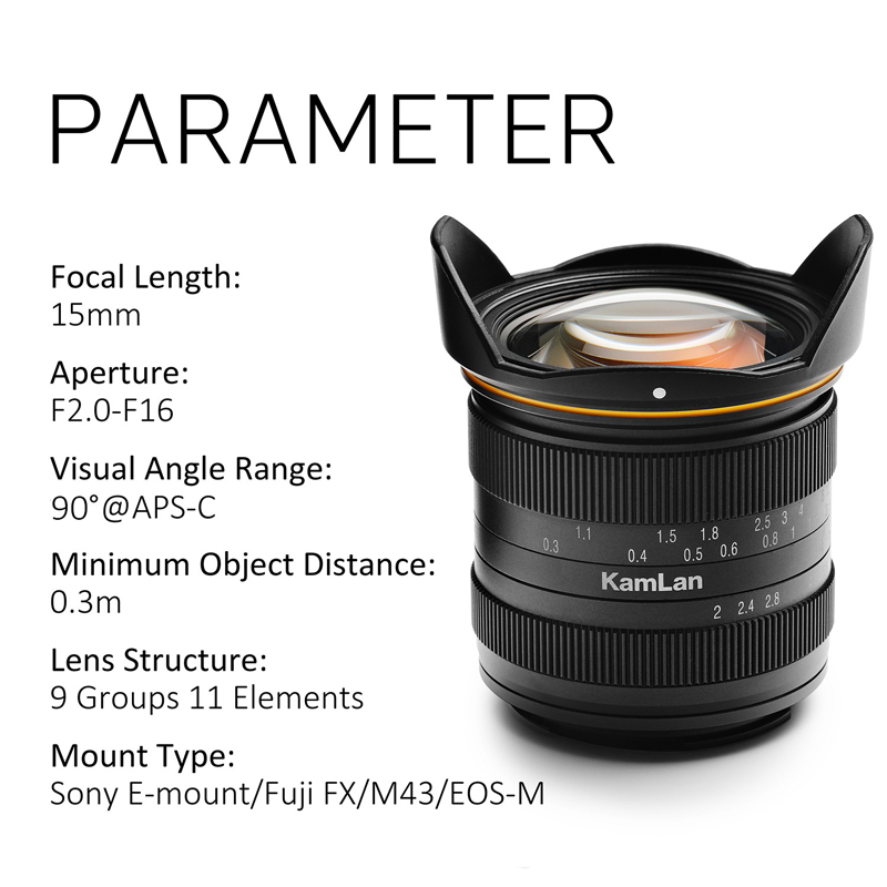 Kamlan 15mm f2.0 APS-C Wide Angle Manual Focus Lens for EOS-M/ E/ FX ...