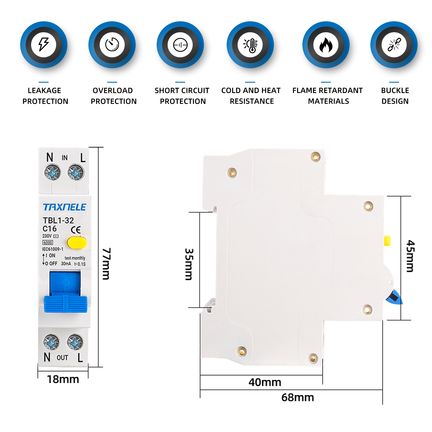 18MM Mini 230V 50/60Hz RCBO 1P+N 6KA Residual Current Differential Automatic Circuit Breaker ...